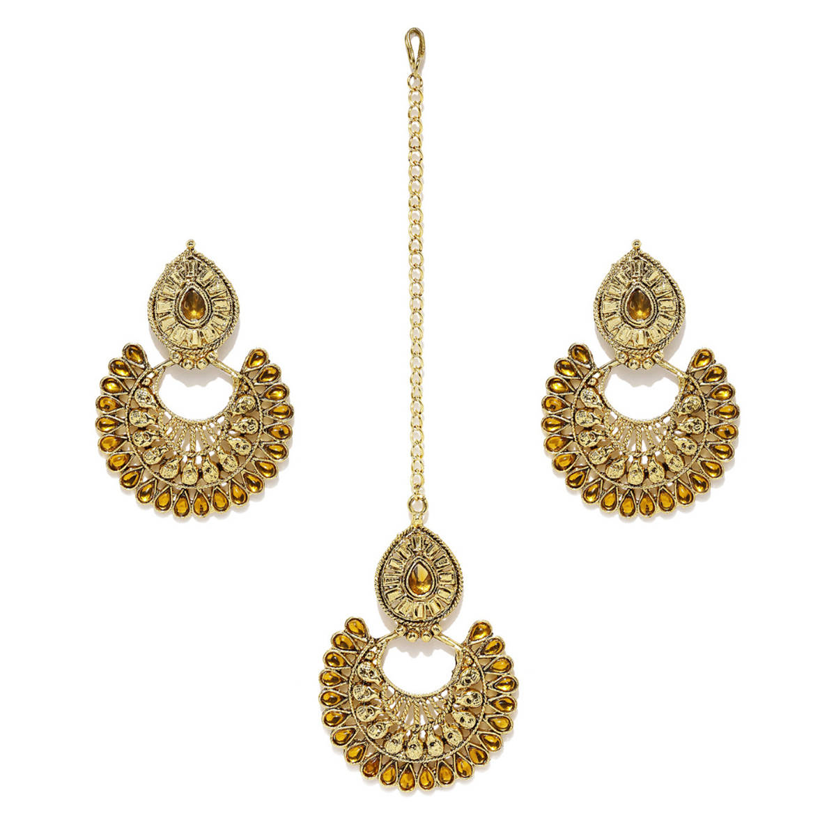 Buy Zaveri Pearls Antique Gold Tone Ethnic Chandbali Earring & Maang ...