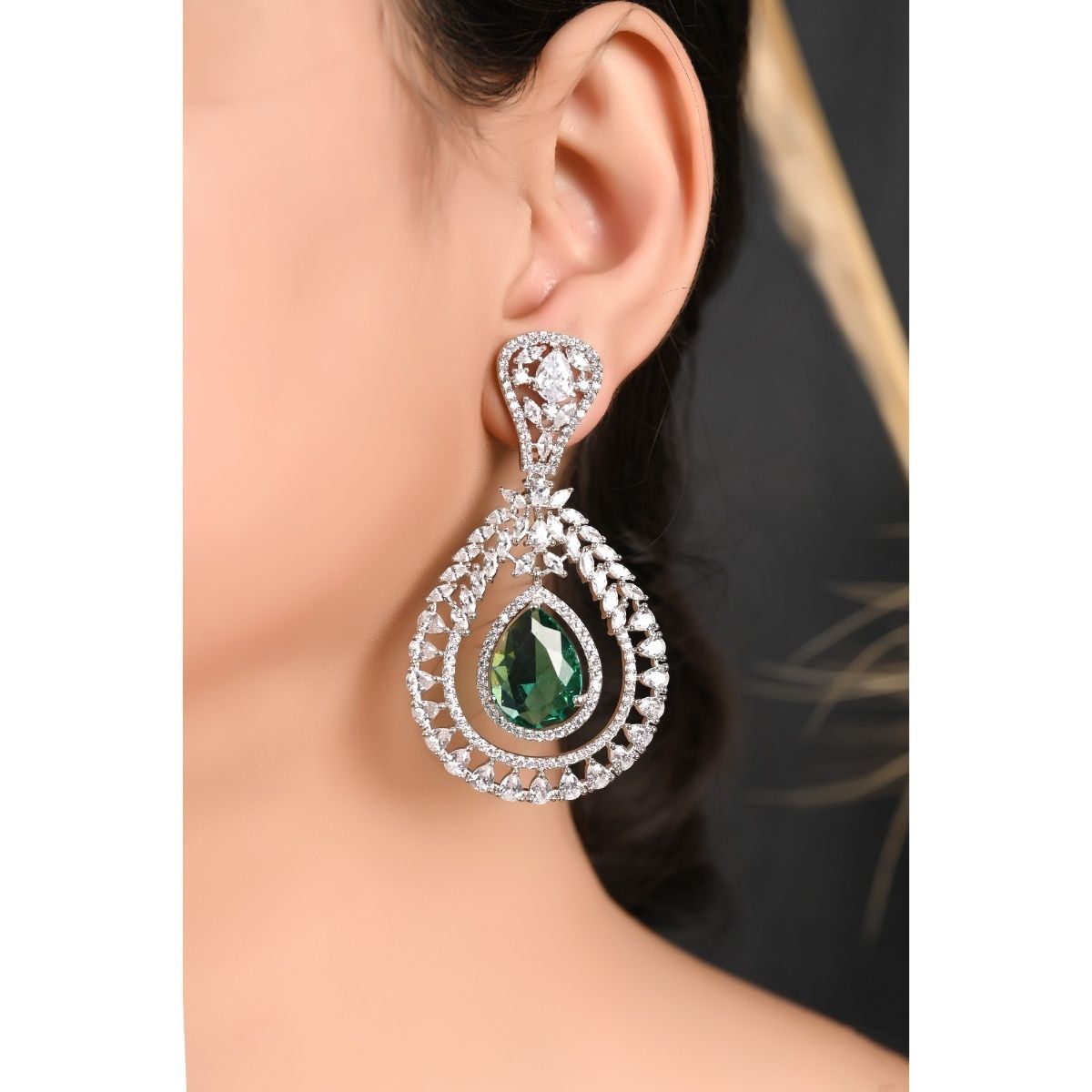 Buy Ratnavali Jewels Silver Plated Sea Green CZ AD Sleek Long Dangle ...