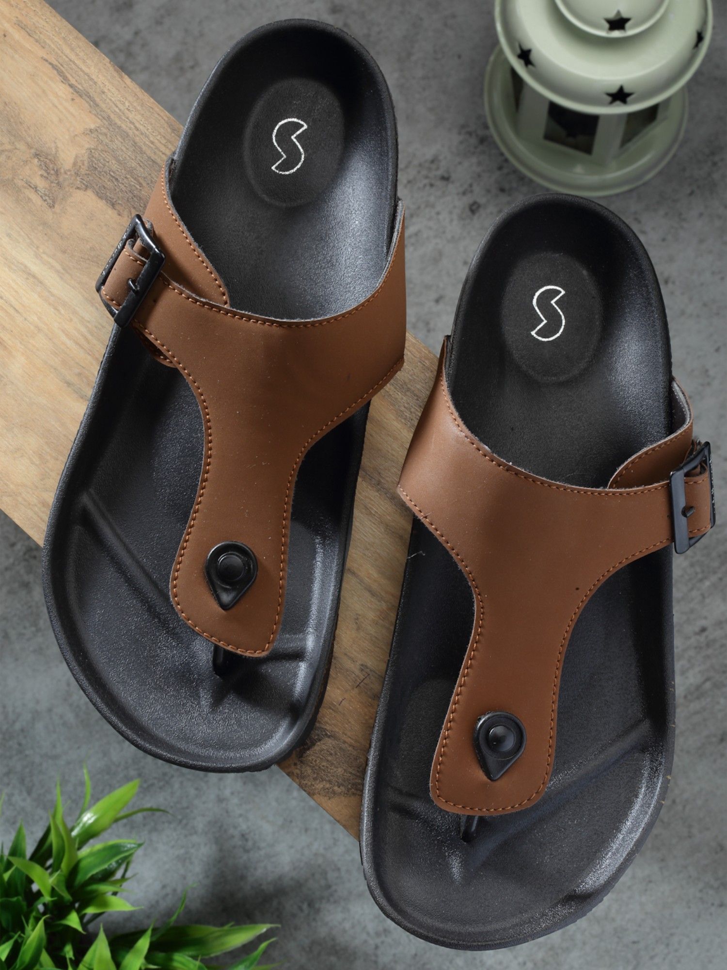 Buy SOLETHREADS Pharaoh Tan Solid T-Strap Men Slippers Online