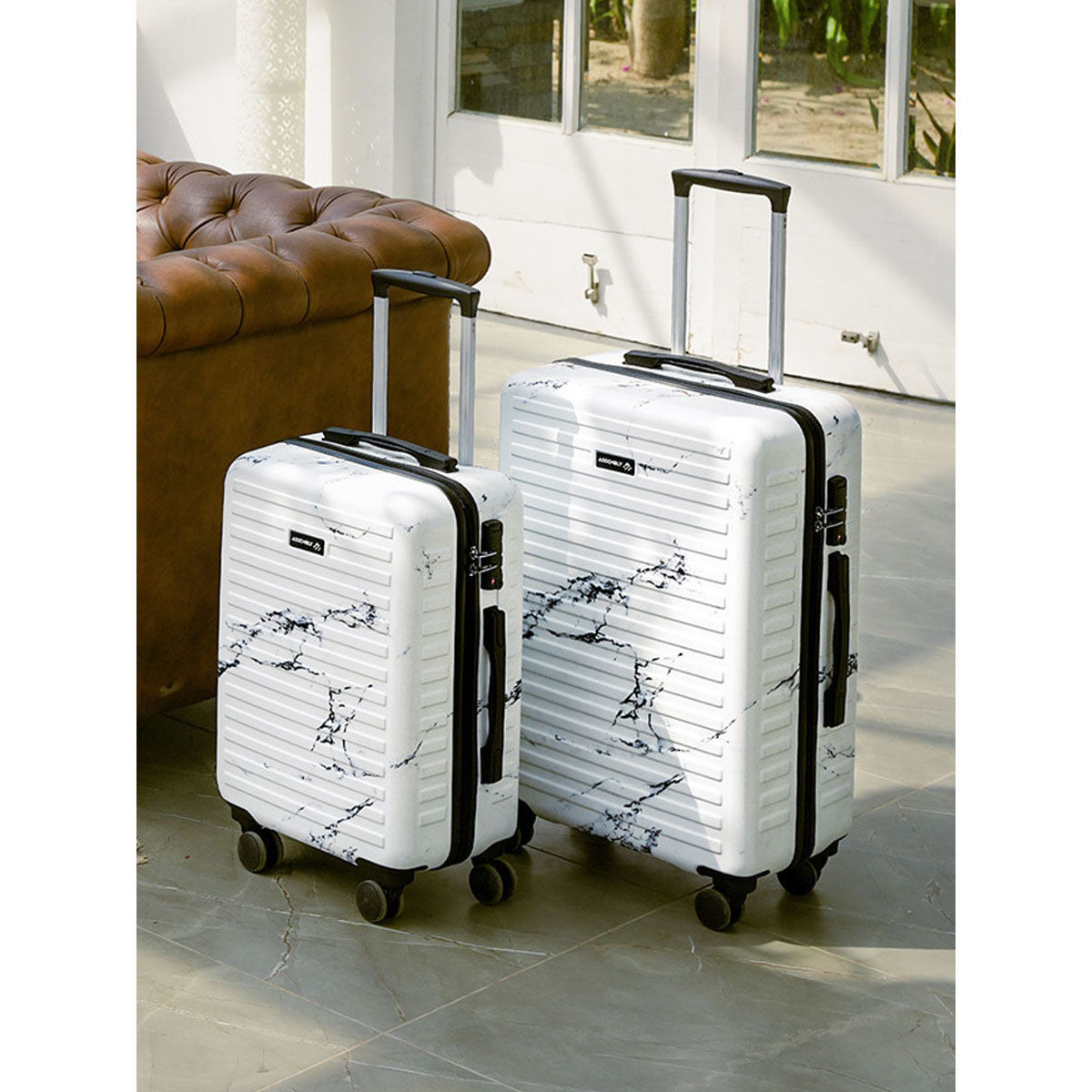 Buy Assembly Marble Printed Cabin Trolley & Medium Checkin Luggage Set ...