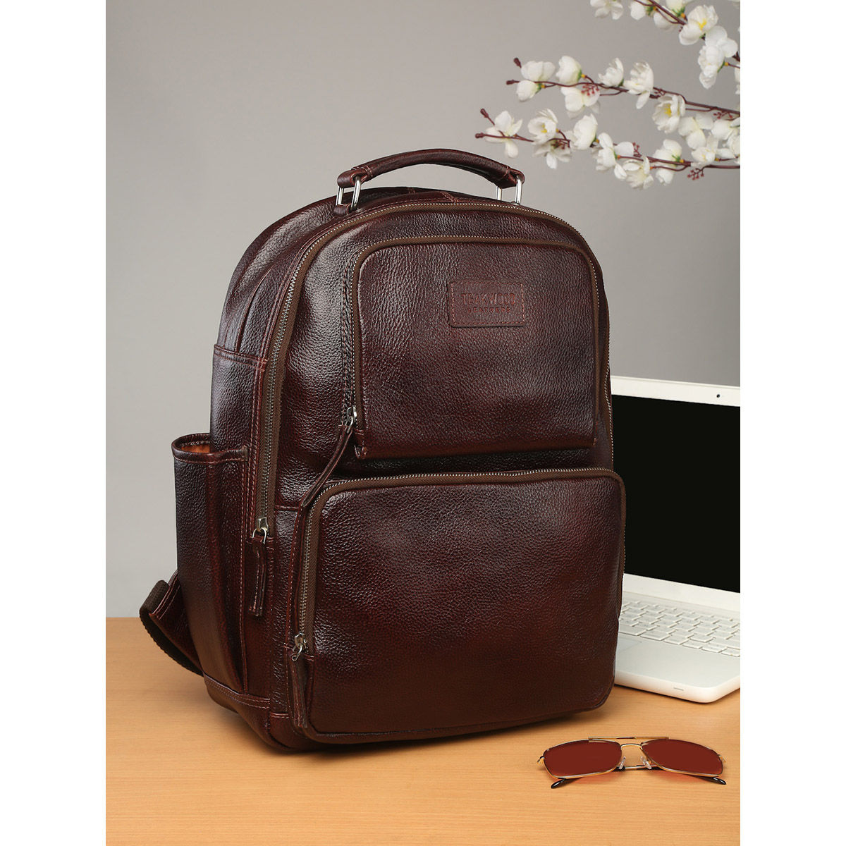 Buy Teakwood Unisex Genuine Leather Dark Brown Textured Backpack Online