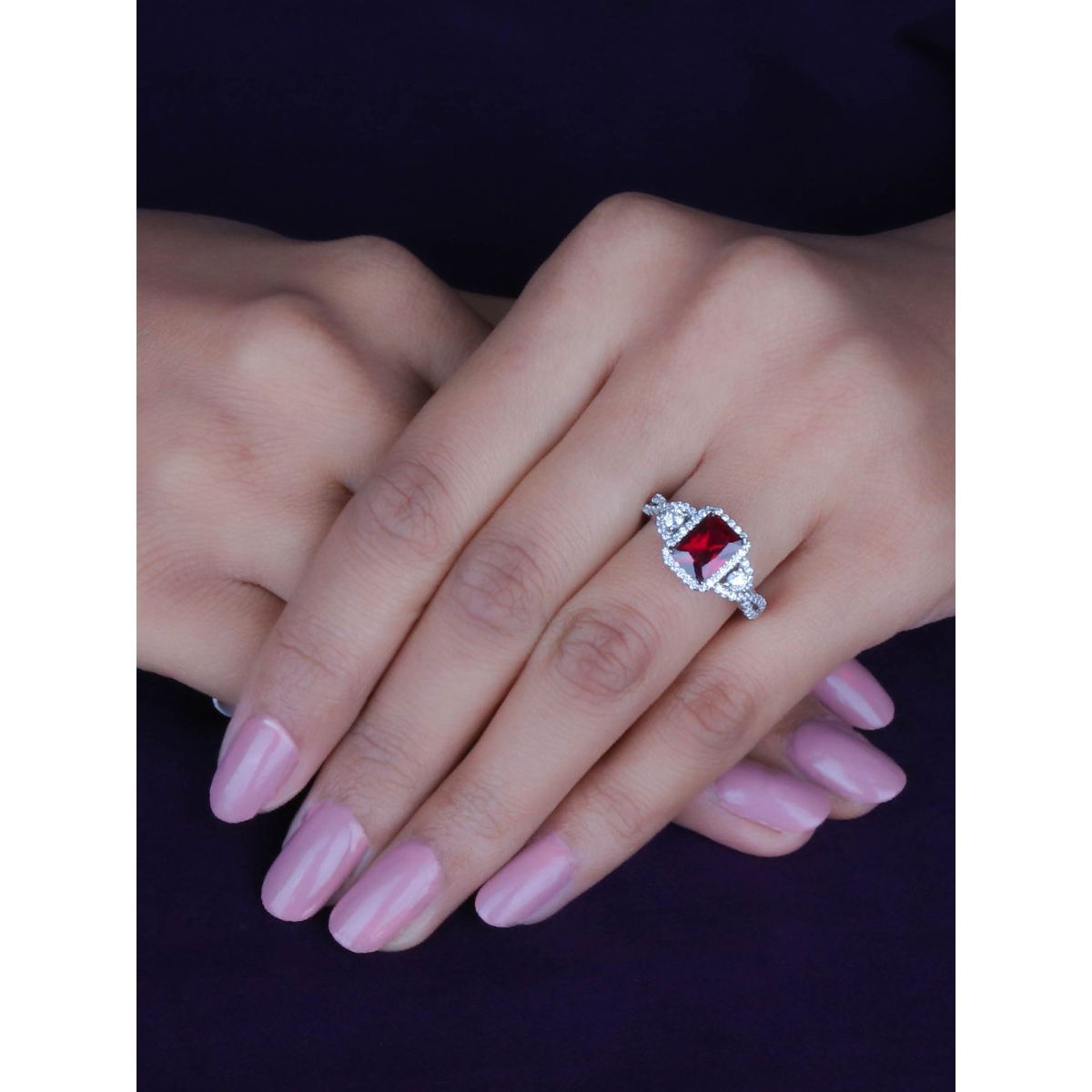 Ornate Jewels Red Ruby Silver Ring With American Diamonds: Buy Ornate ...