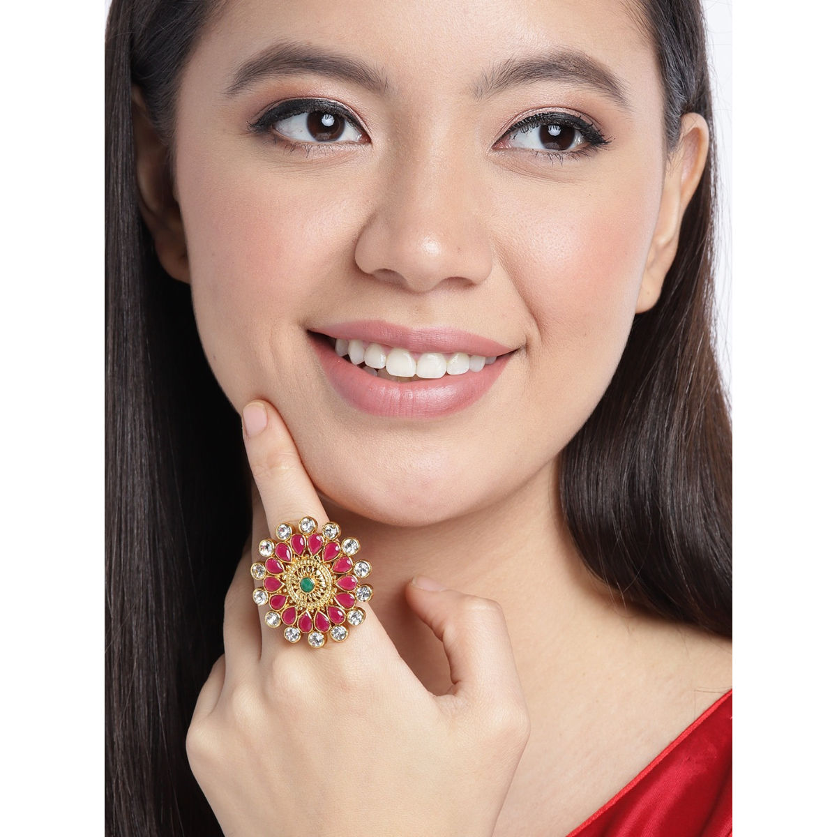 Buy Zaveri Pearls Pink & Green Stones Flower Traditional Finger Ring ...