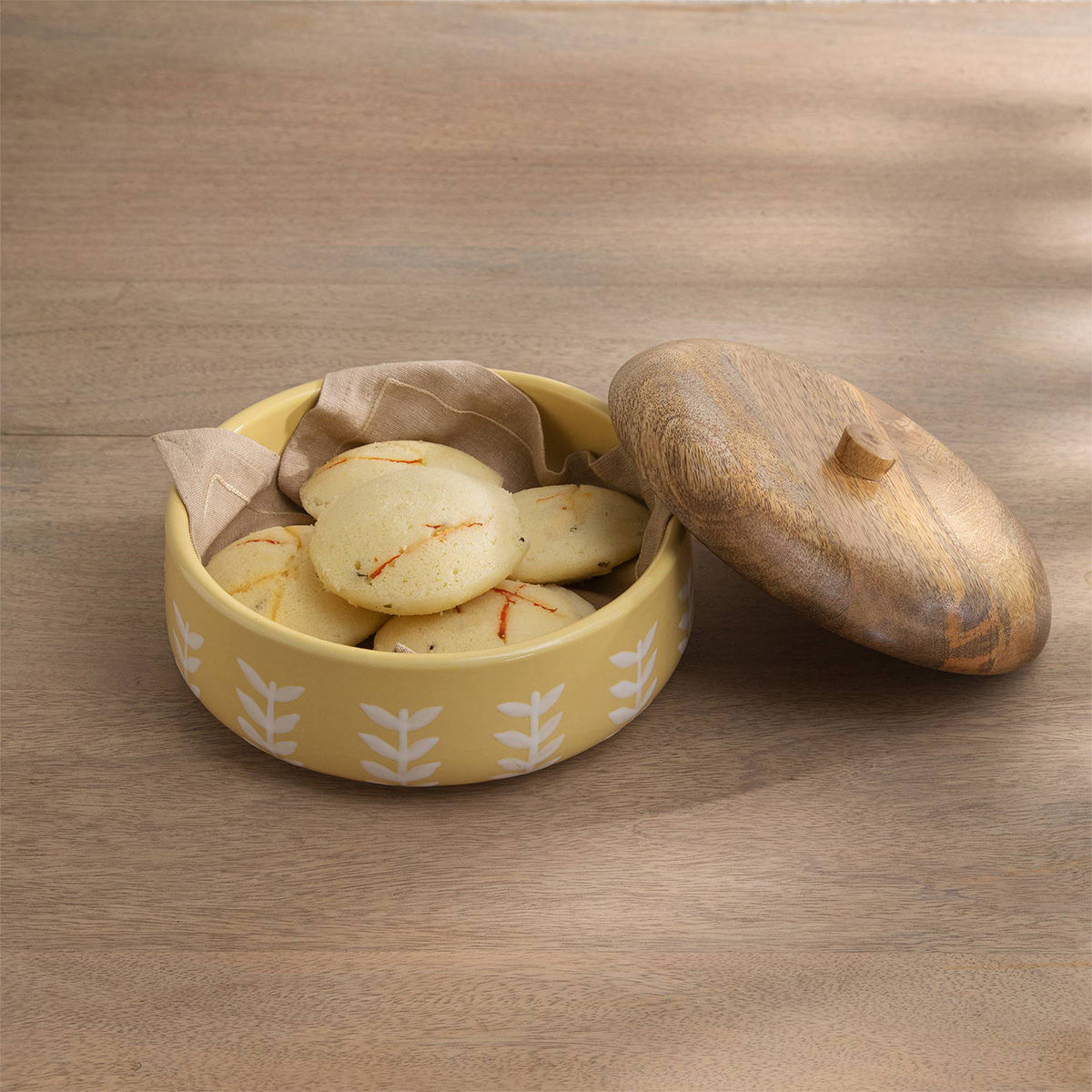 Buy Ellementry Gamboge Ceramic Roti Box With Wooden Lid Online