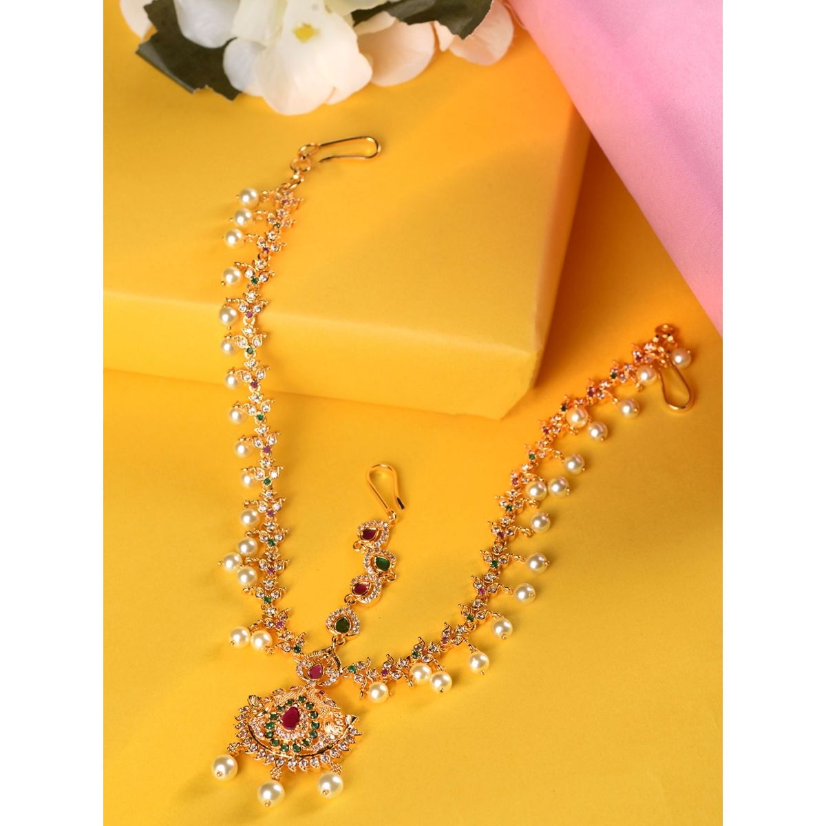 Buy Saraf RS Jewellery Gold Plated Ad Studded Pearl Beaded Bridal Matha ...