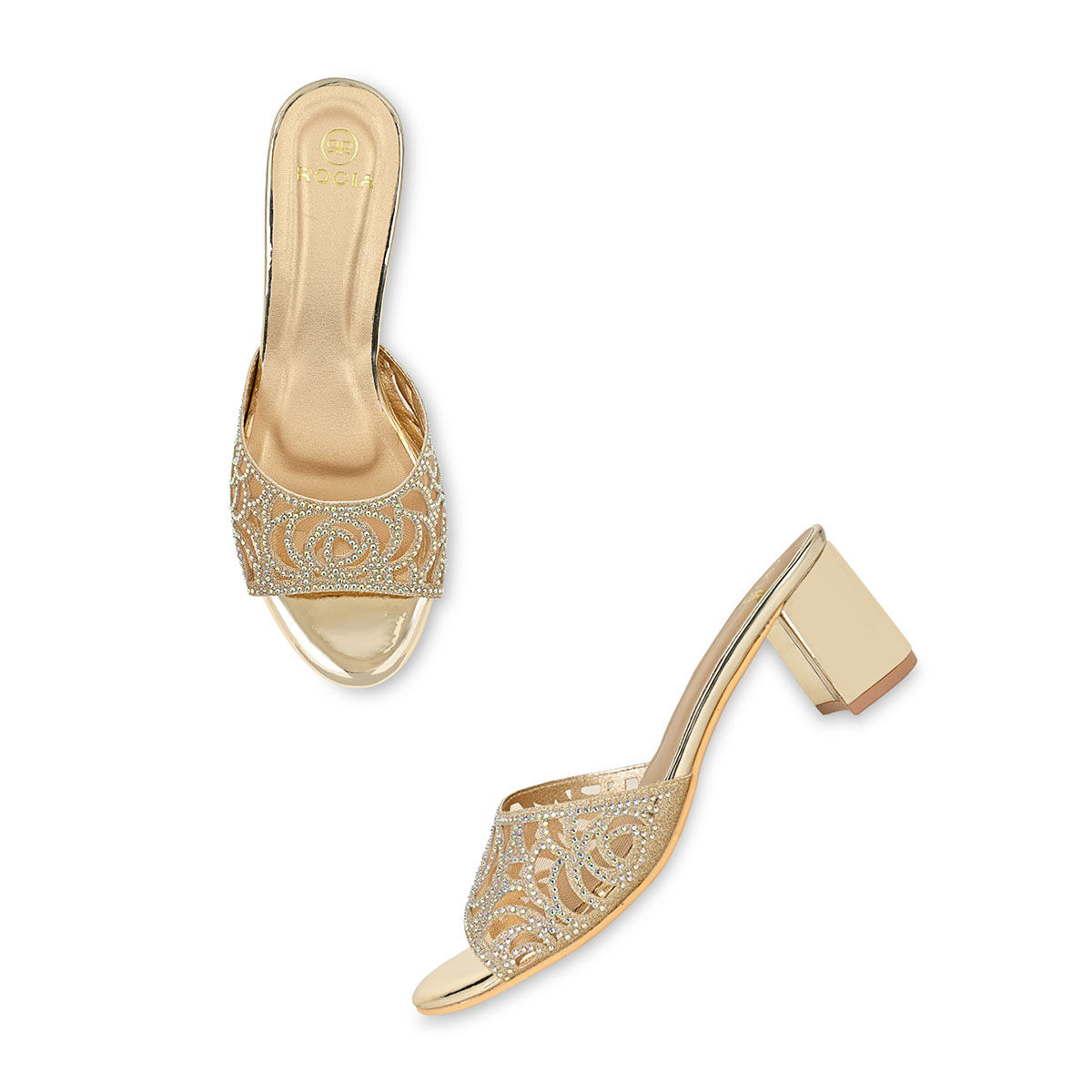 Buy ROCIA Regal Gold Women Diamond Embellished Block Heels Online