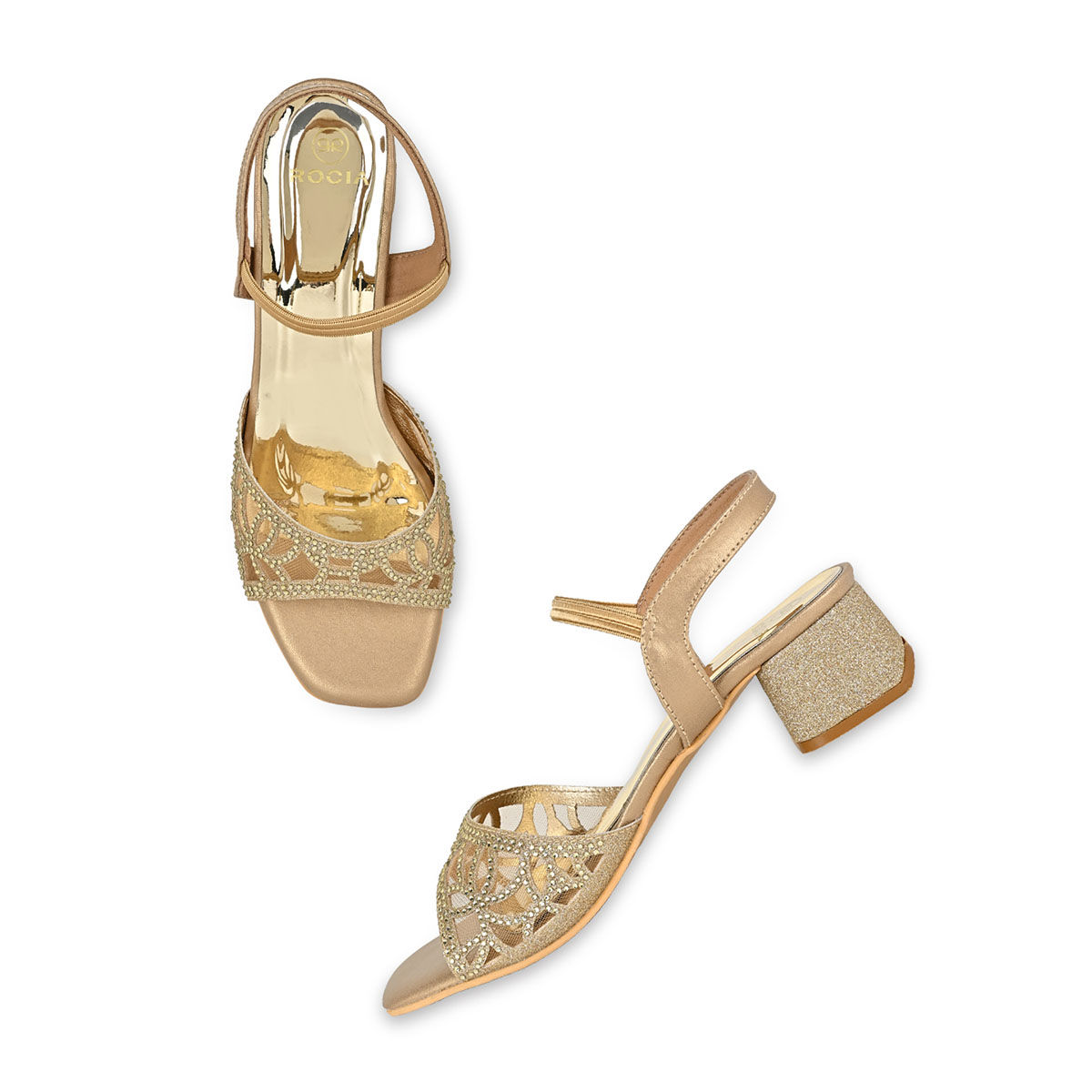 Buy ROCIA Regal Gold Women Diamond Embellished Block Heels Online