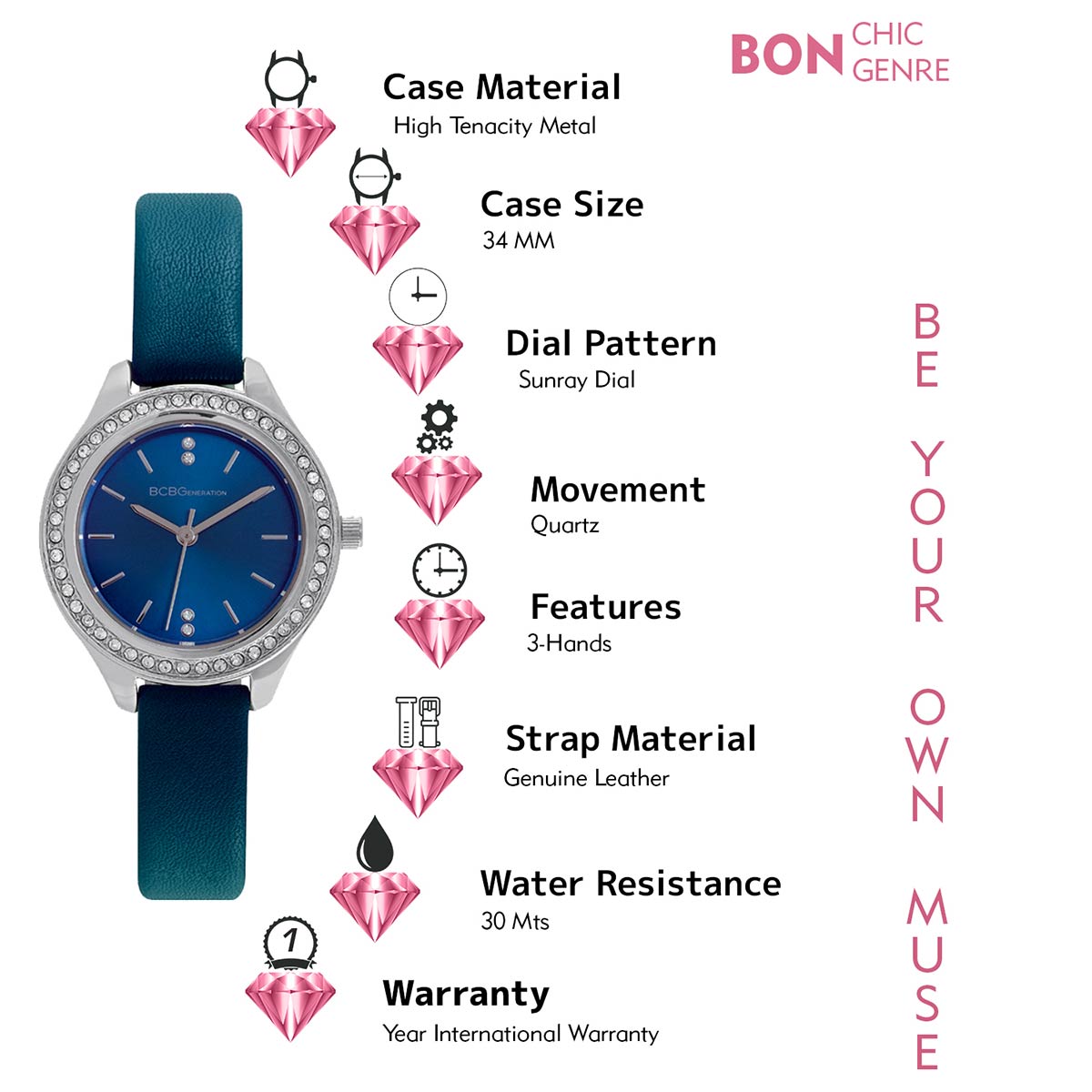 Buy BCBGMAXAZRIA GENERATION Quartz Sunray Crystals Blue Round Dial ...