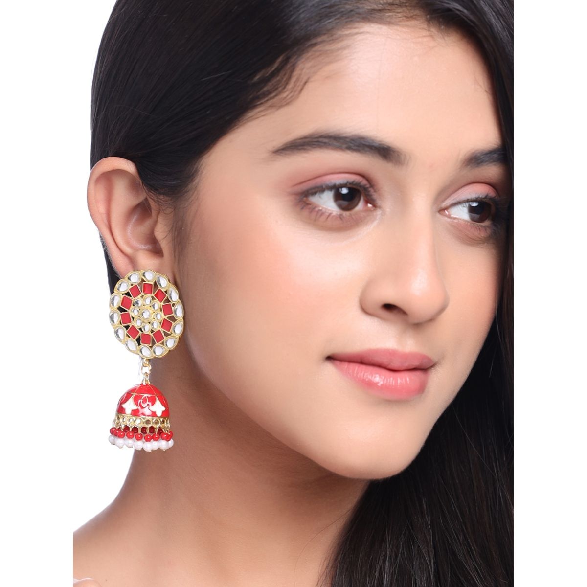 Buy NVR Gold Plated Red Dome Shaped Meenkari Jhumkas Online