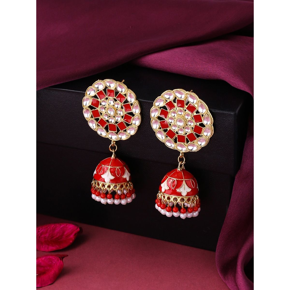 Buy NVR Gold Plated Red Dome Shaped Meenkari Jhumkas Online