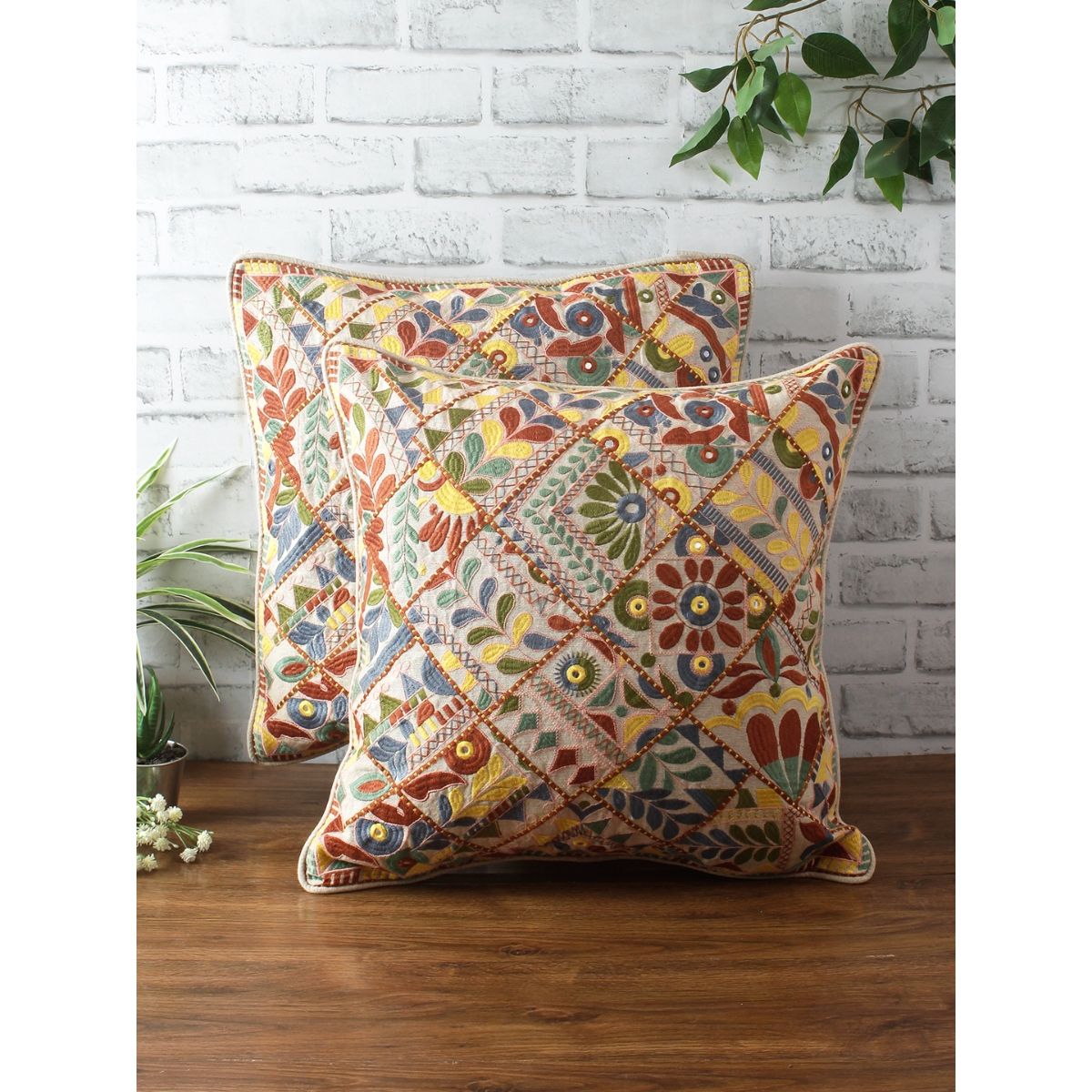 Buy eyda Multi Color Embroidered Cotton Cushion Cover Set Of 2-18X18 ...