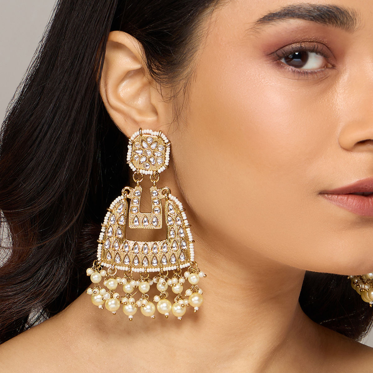 Buy Azai by Nykaa Fashion Gold and Off White Traditional Bead and Rhinestone Drop Earrings Online