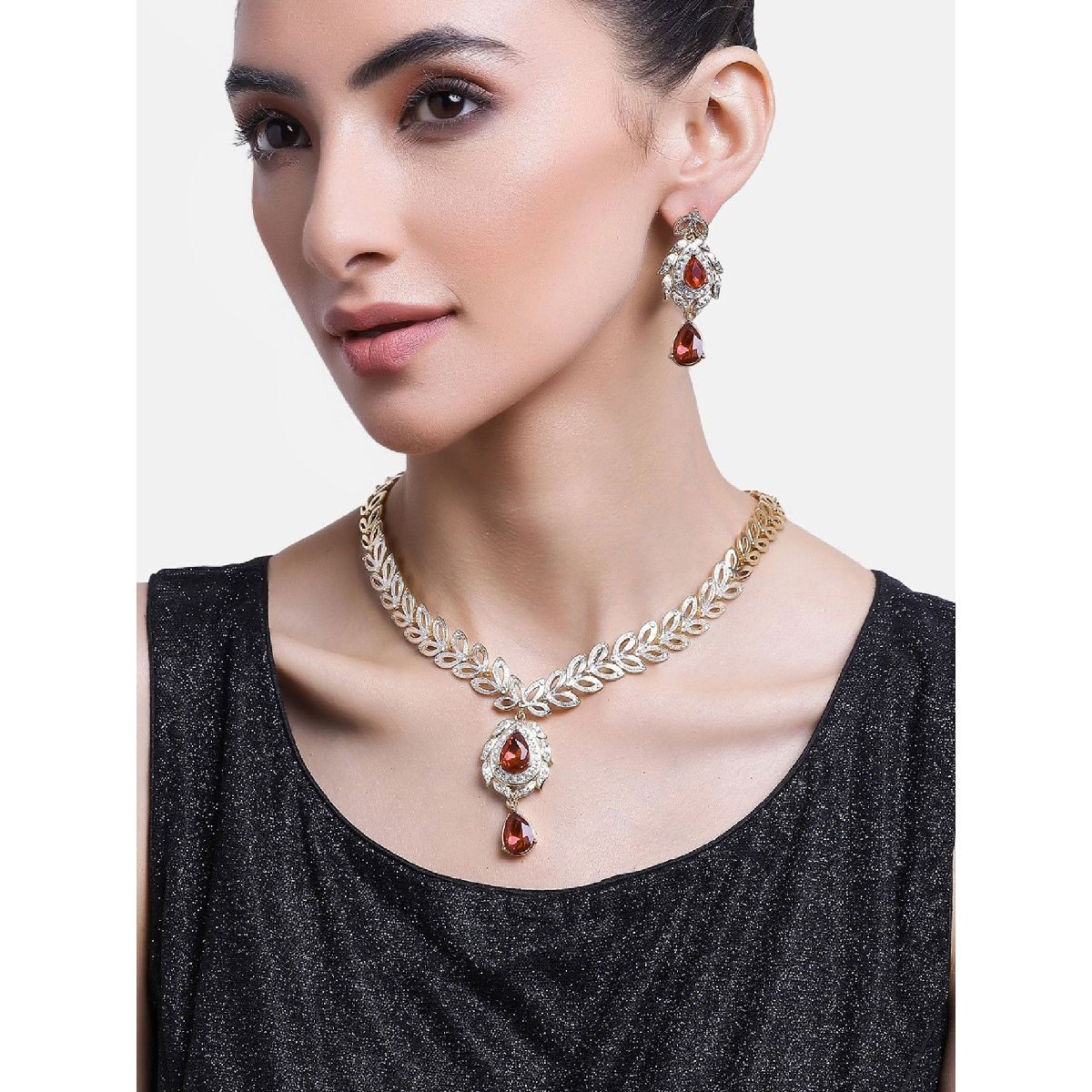 Buy Estele Gold & Rhodium Plated Fascinating Ruby Jewellery Set with ...