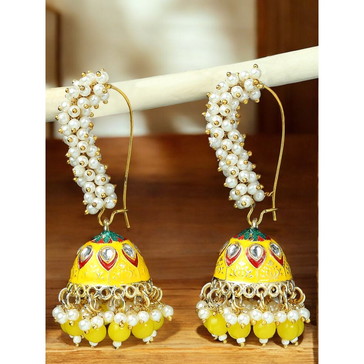 Buy OOMPH Yellow Meenakari Jhumka Earrings Kundan Pearls Studded Online
