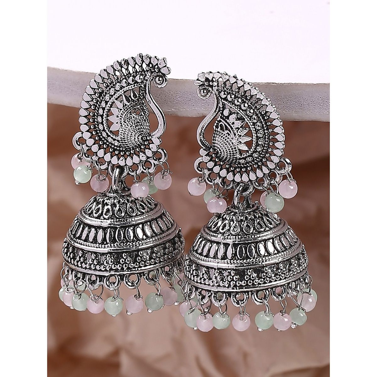 Buy OOMPH Oxidised Silver Jhumka Earrings Mint Green Pink Beads Online