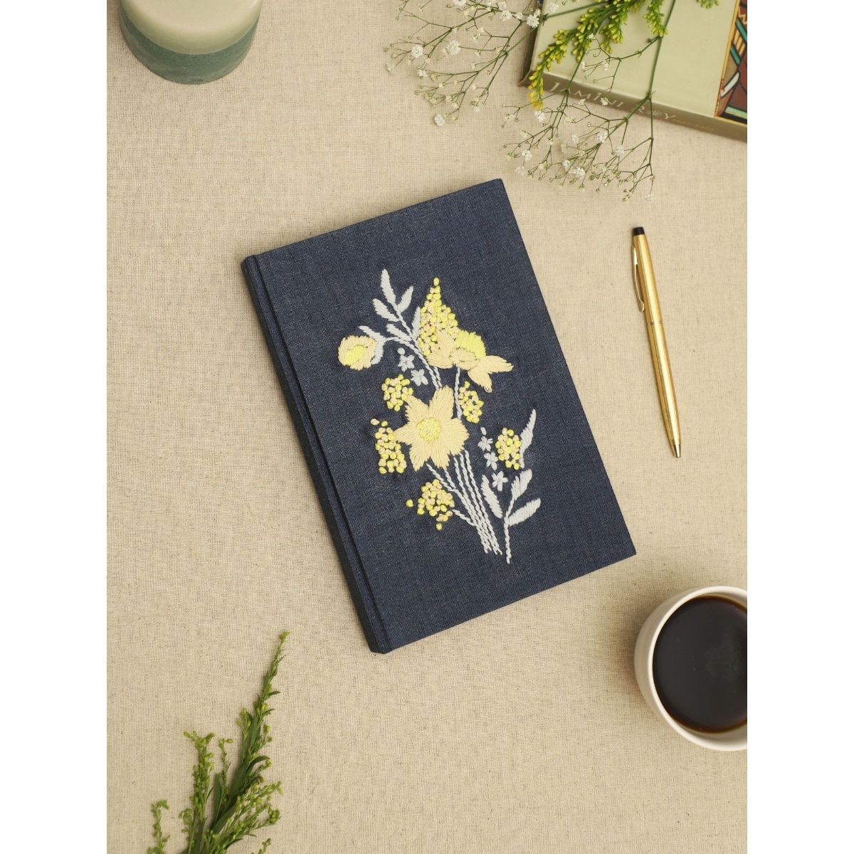 Buy Design Gaatha Deep Blue Floral Cotton Hand Embroidered Diary Online