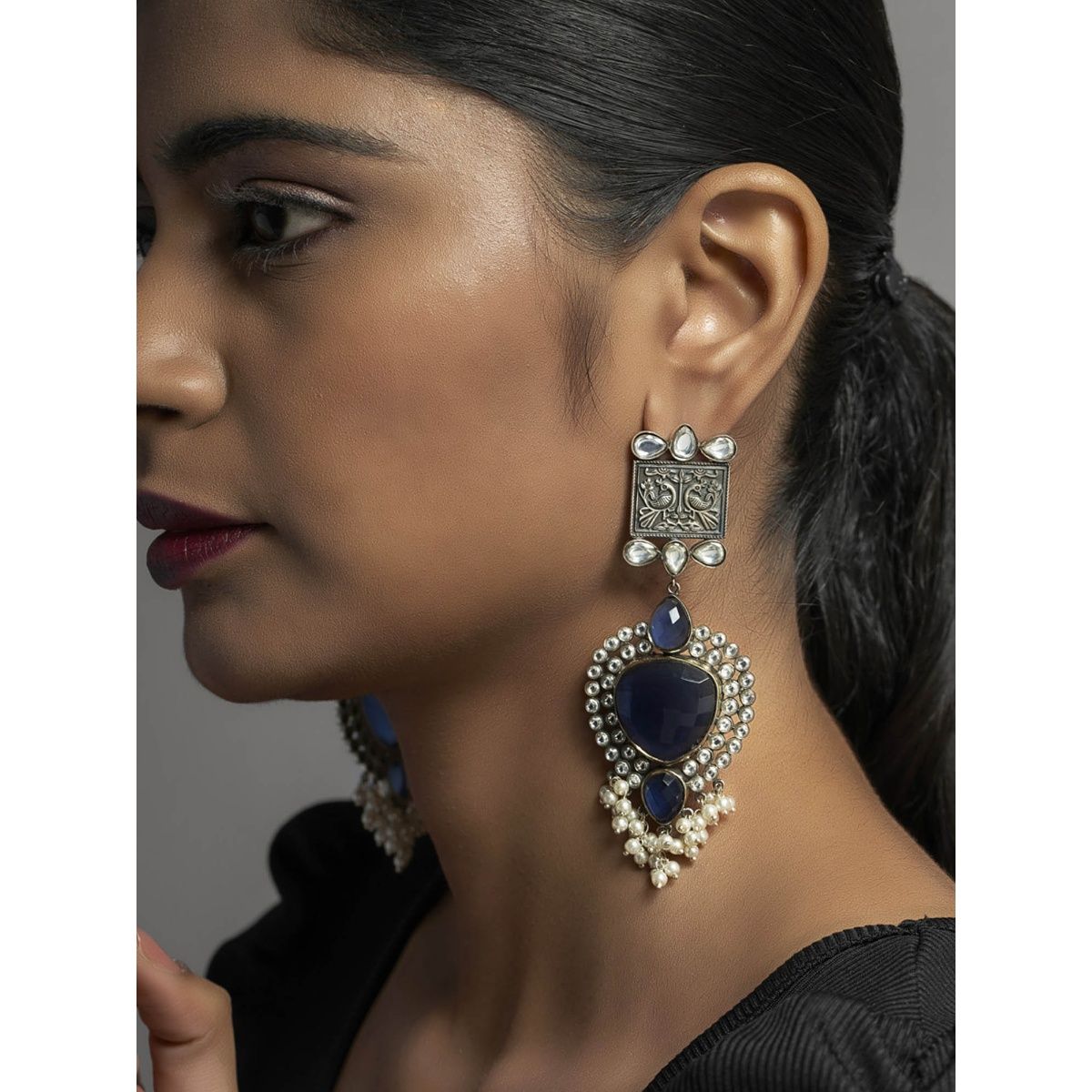 Buy Divas Mantra Gentle Waft Blue Sapphire Statement Earrings with Deep ...