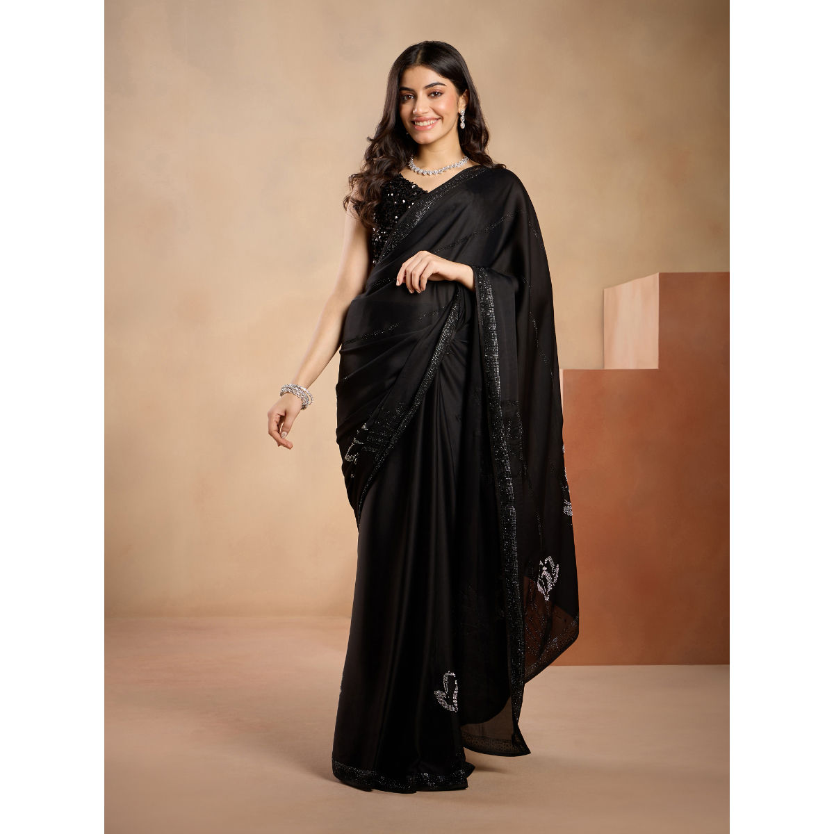 Gajra Gang by Nykaa beauty Black Zircon Crystals Soft & Flowy Saree ...