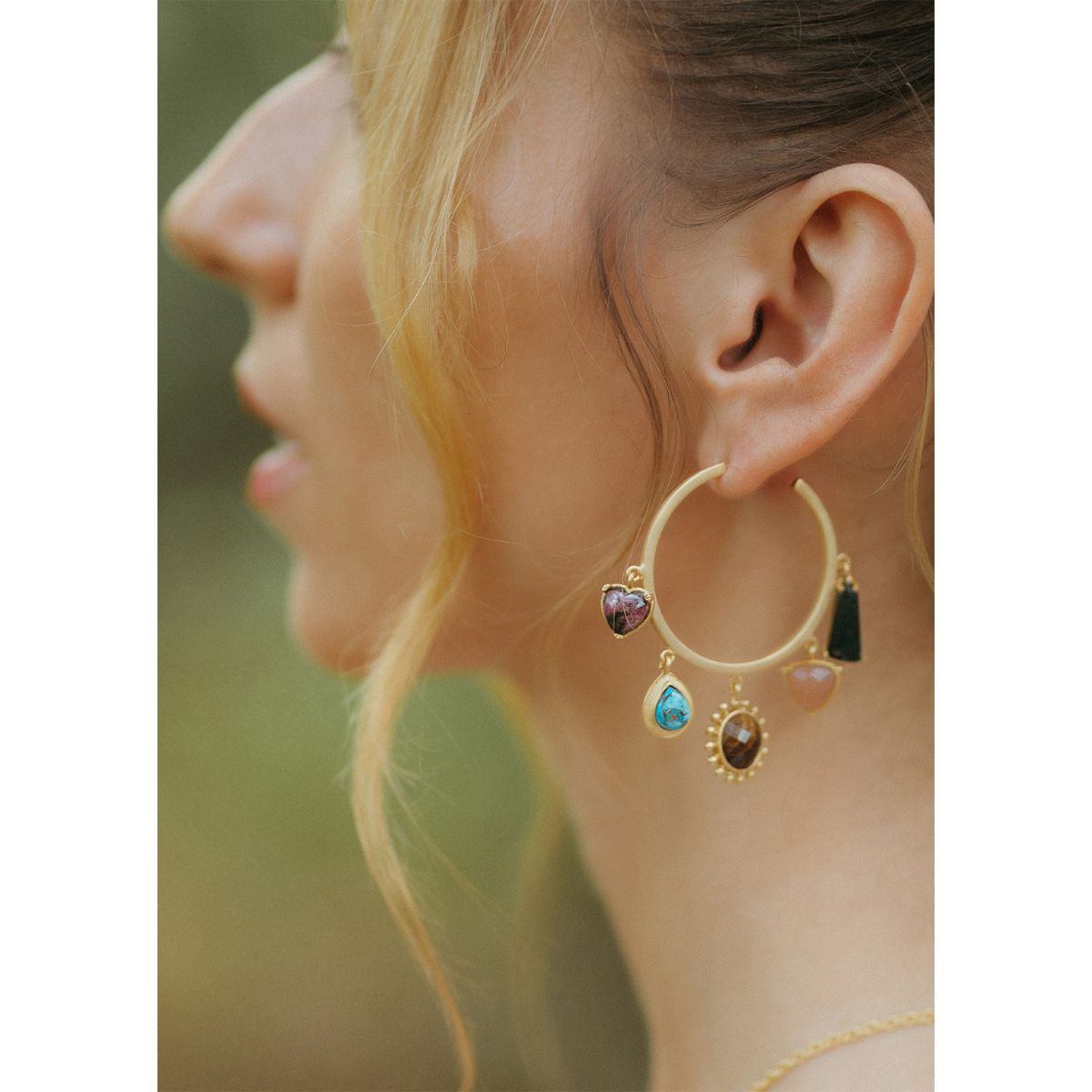 Buy ZARIIN 22Kt Gold Plated Multi Stone Healing Hoops Earrings Online