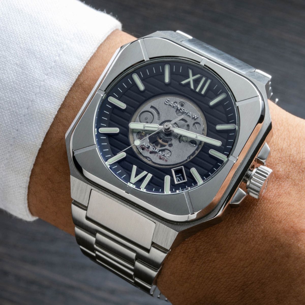 Earnshaw Armoury Automatic Skeleton Luminous Hand Black Square Dial ...