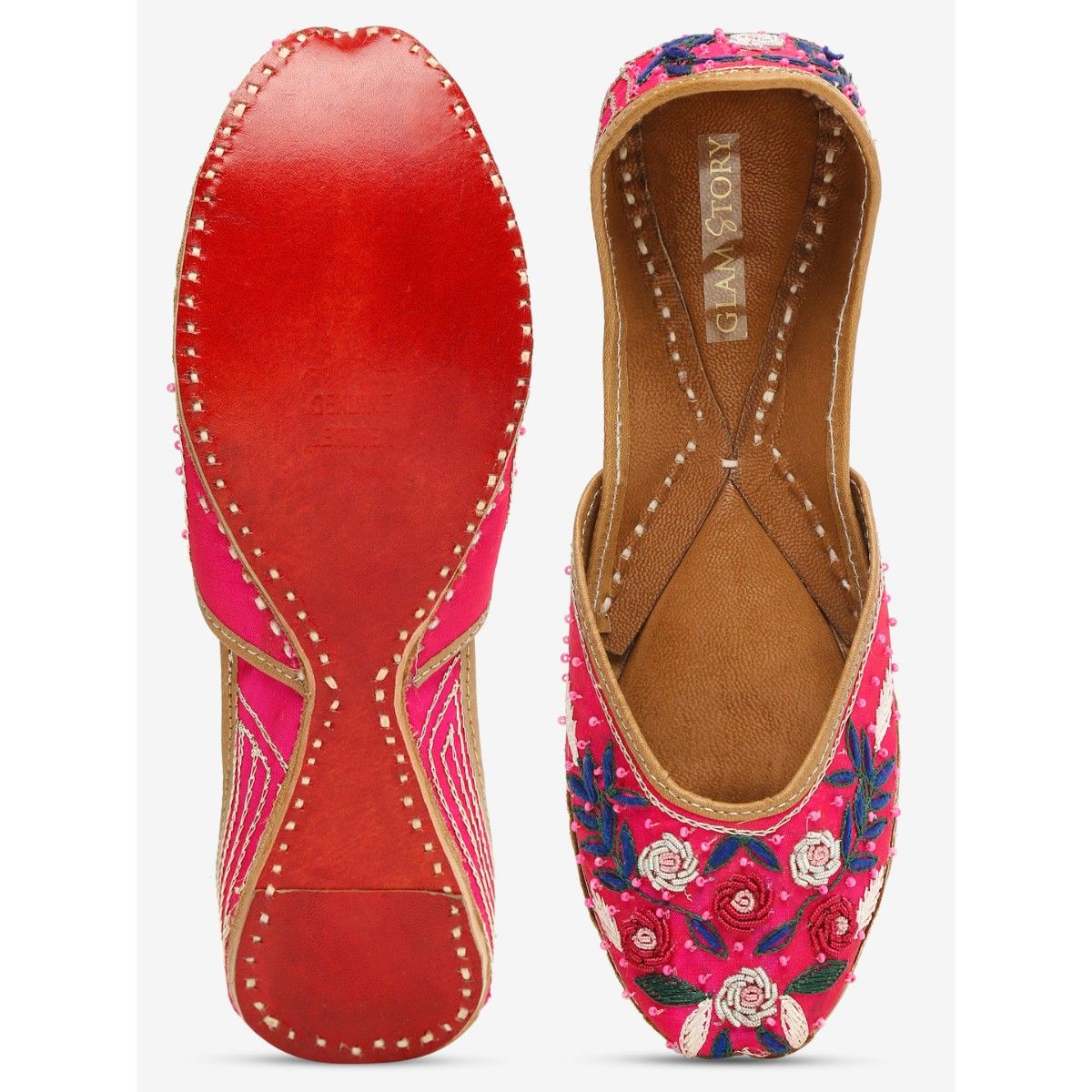 Buy GLAM STORY Handcrafted Pure Leather Floral Embroidered Punjabi ...