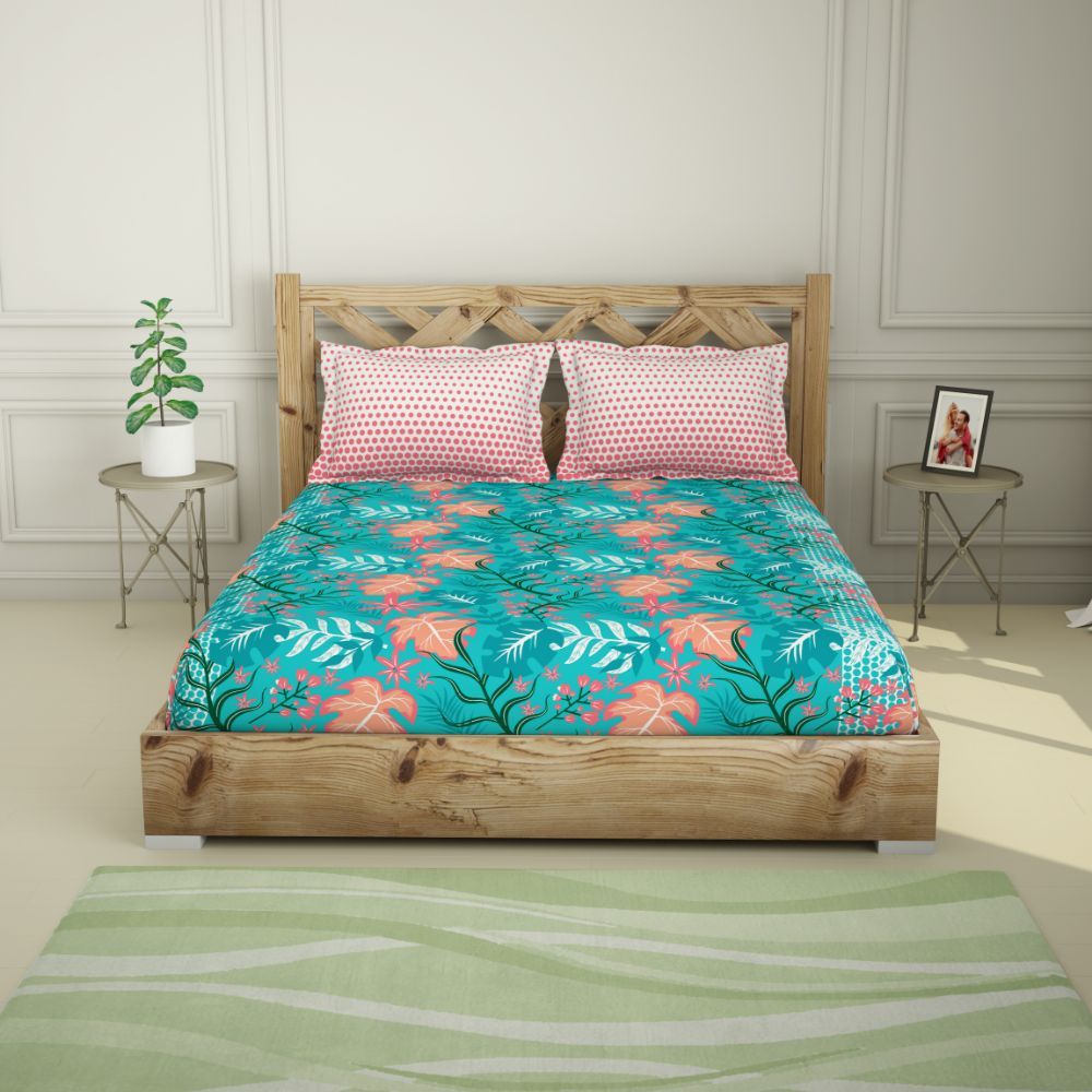 Buy Spaces Atrium Cotton Teal Nature 144 Tc 1 King Fitted Sheet With 2