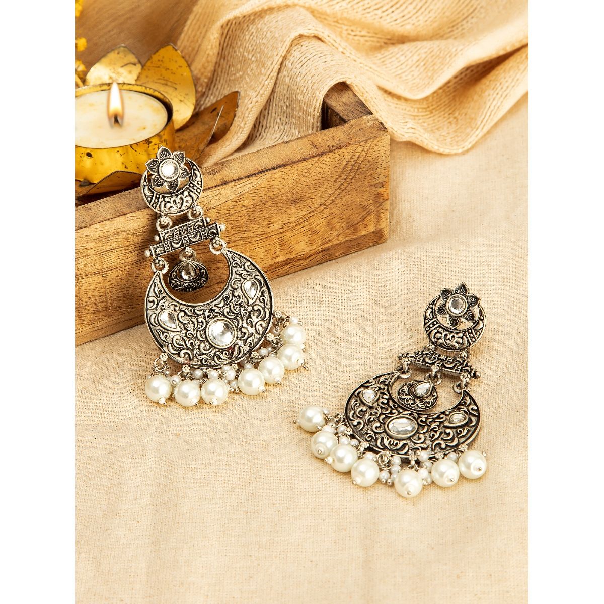Buy Azai by Nykaa Fashion Oxidised Silver Crescent Earrings with Pearl ...