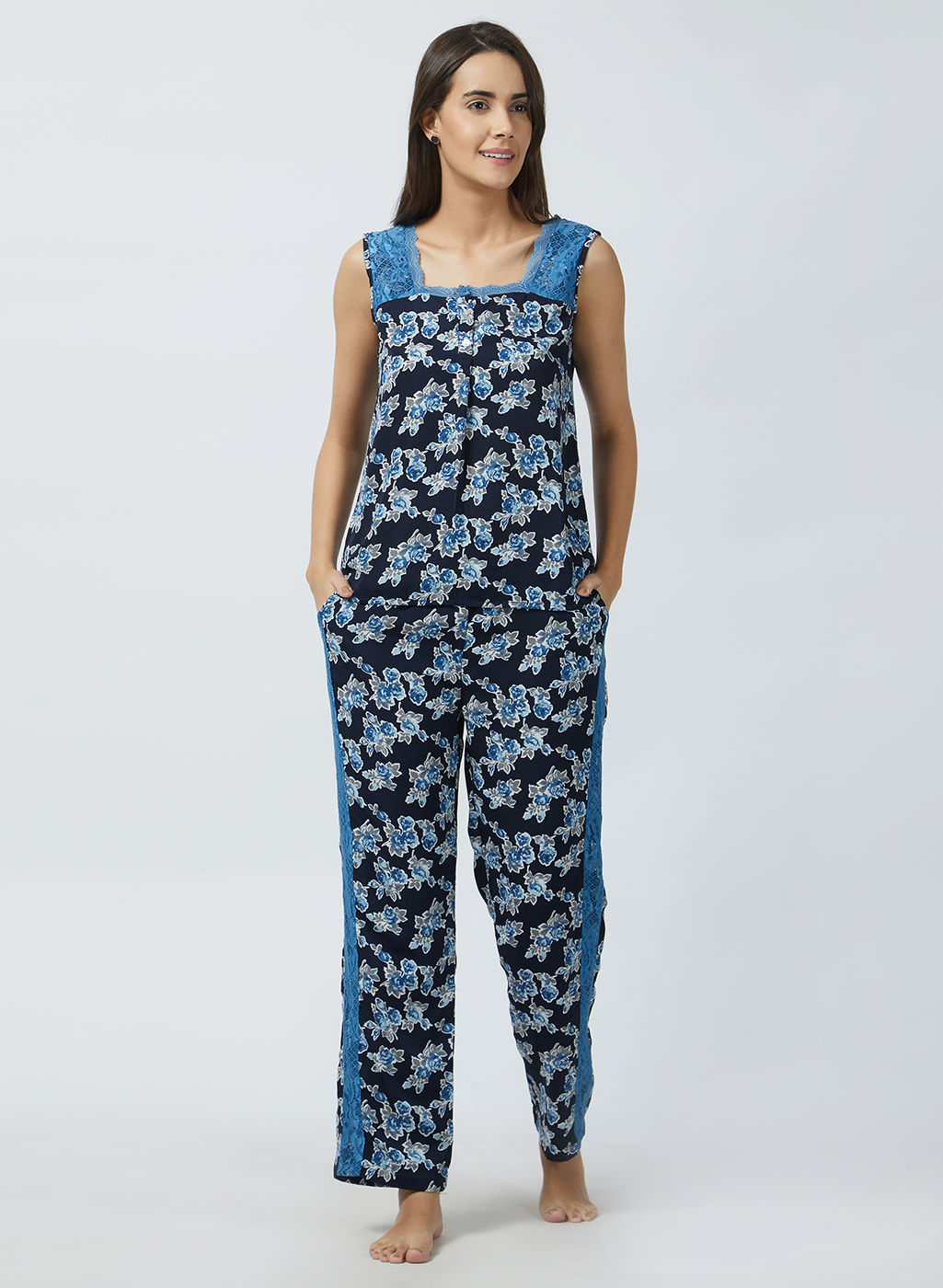 Buy Mystere Paris Delicate Lace Top Pyjama Set - Blue Online