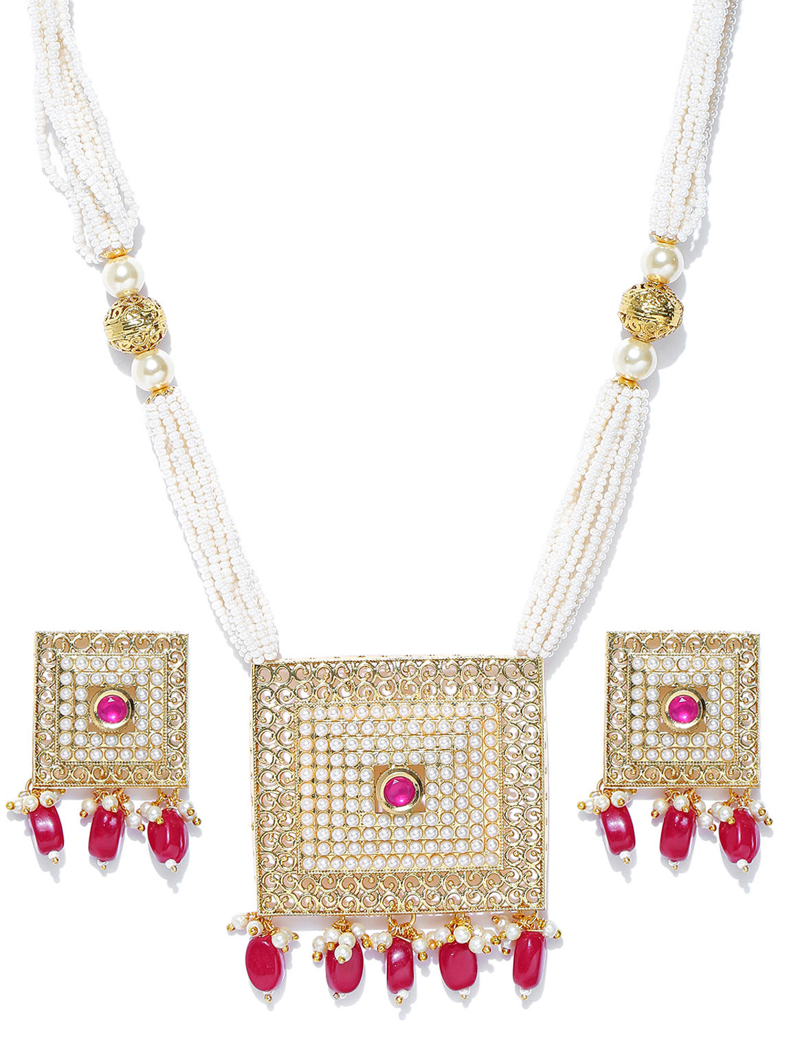 Buy Jewel Galaxy Gold-Toned And Off-White Square Beaded Jewellery Set ...