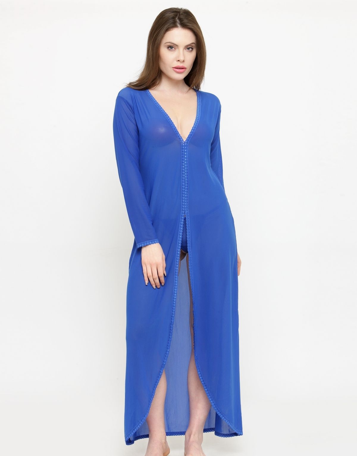 N-Gal Sheer Long Sleeve Front Slit Blue Bridal Nightwear With G-String ...