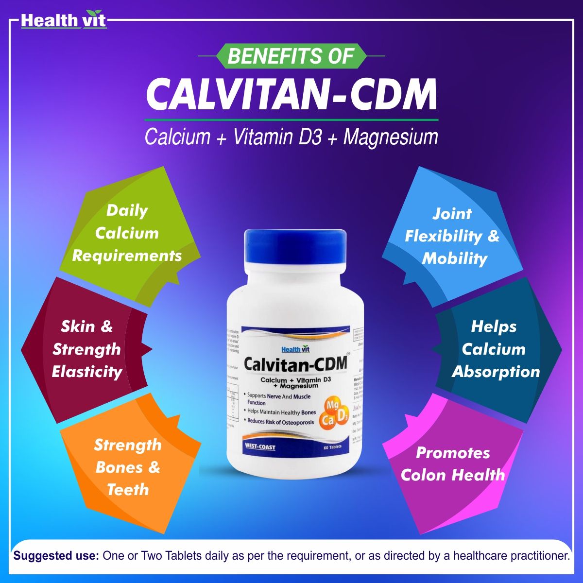Healthvit CalVitan-CDM Calcium + Vitamin D3 + Magnesium 60 Tablets: Buy ...