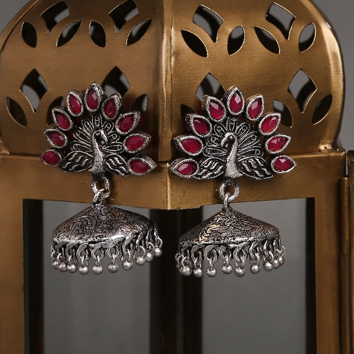 Buy Fabula Oxidised German Silver With Maroon Stone Peacock Design ...