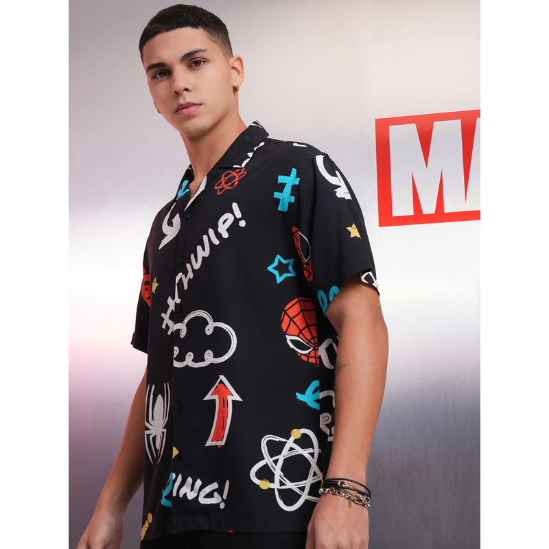 Buy HIGHLANDER Men Multi-Color Black Printed Spider-Man Cuban Collar ...