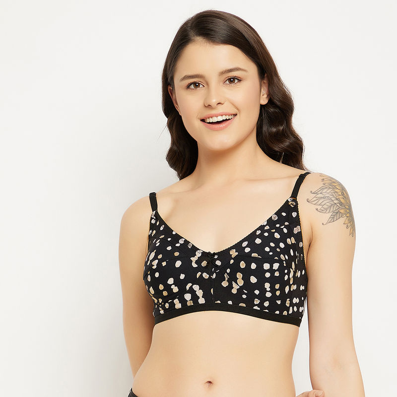 Buy Clovia Cotton Rich Printed Non-Padded Full Cup Wire Free Full Figure Bra - Black Online