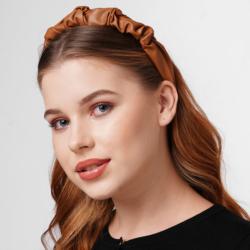 Buy Toniq Brown Faux Leather Hand Made Ruffled Head Band For Women ...