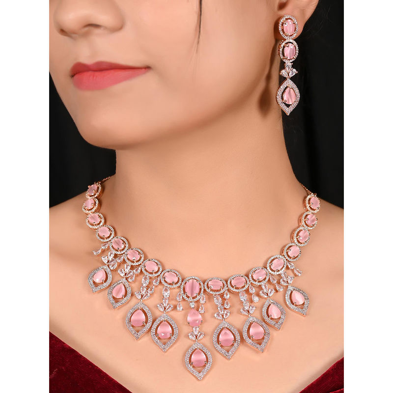 Buy Ratnavali Jewels Rose Gold Plated CZ AD Studded Pink Layer Drop ...