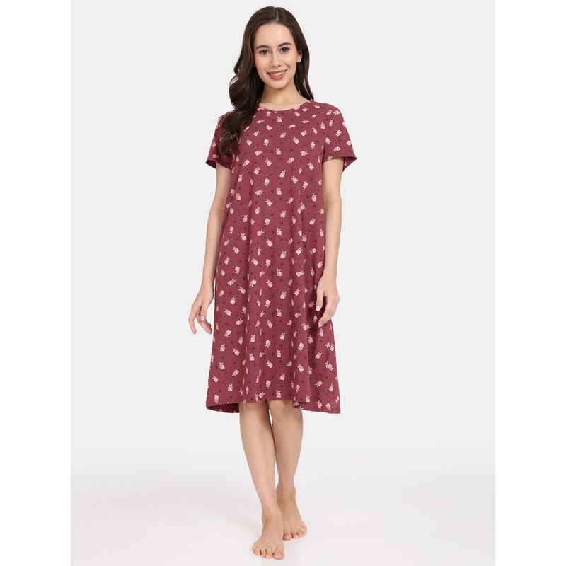 Zivame Rosaline Joy Sticks Knit Cotton Knee Length Nightdress Merlot ...