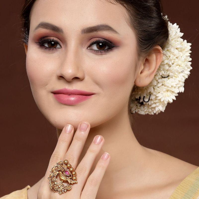 Buy PANASH Gold Plated Pink Stone Bird Shaped Handcrafted Finger Ring ...