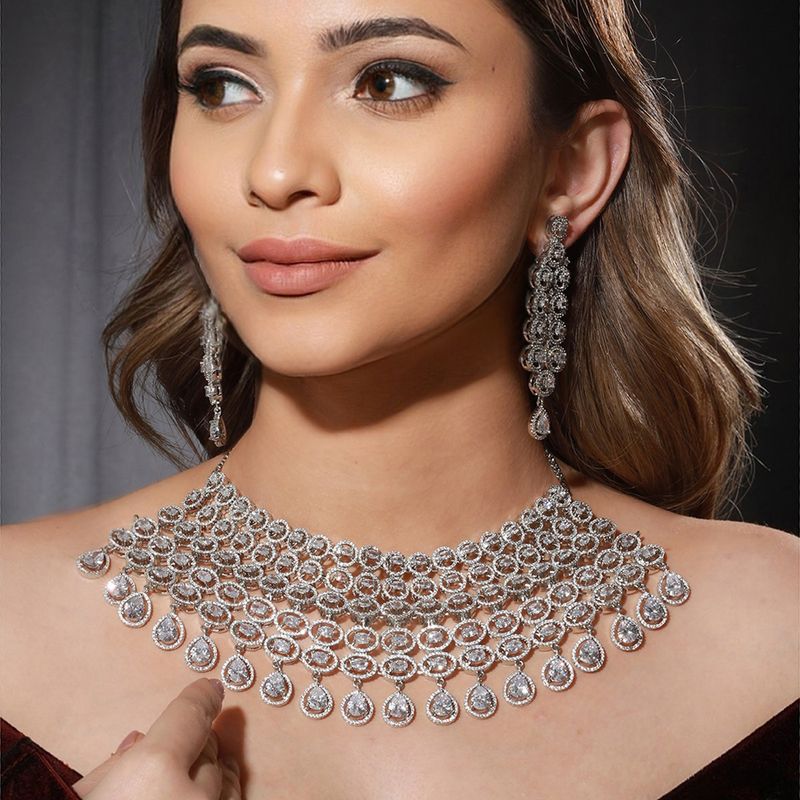 Buy Priyaasi Elegant Halo Pattern American Diamond Jewellery Set With ...