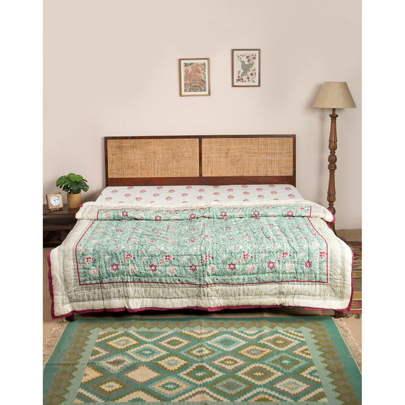 Buy Fabindia Blue Gulbagh Hand Block Cotton Printed Quilt (Double) Online