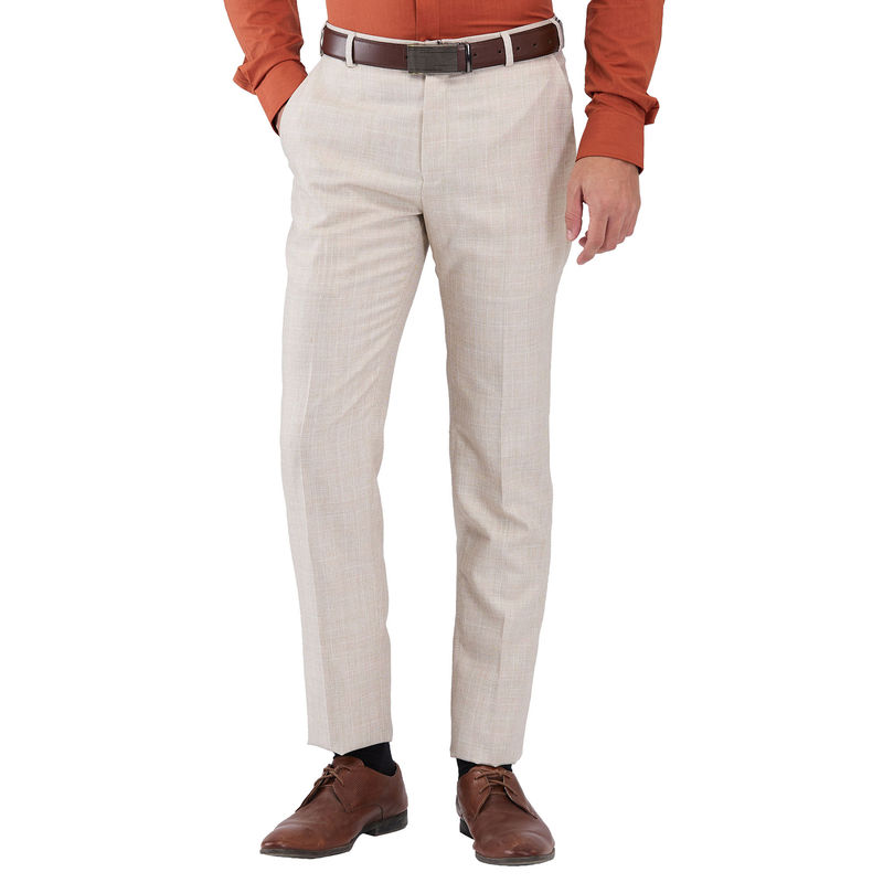 Buy Raymond Mens Slim Fit Checkered Medium Fawn Trouser Online