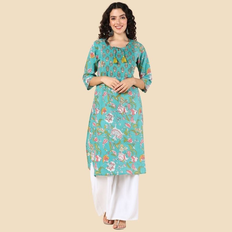 Buy Zelena 3-4Th Sleeve Turquoise Feeding Kurti With Pocket Online