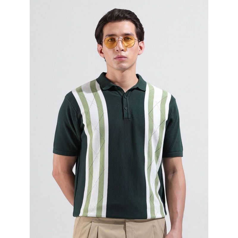 Buy The Indian Garage Co Men Green Stripes Polo T-shirt Online