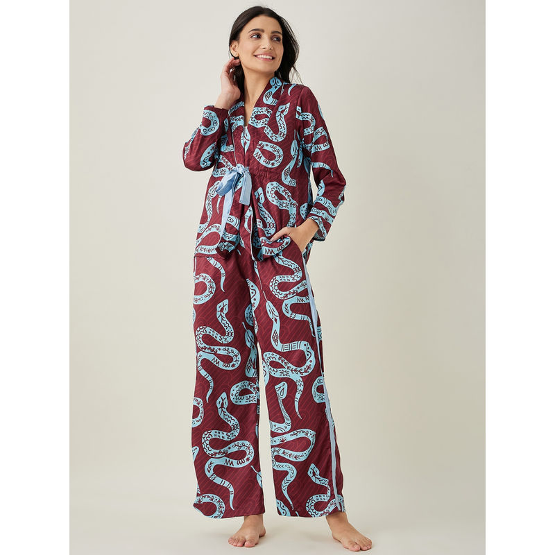 Buy The Kaftan Company Maroon Snake Charm Printed Satin Lounge (Set of ...