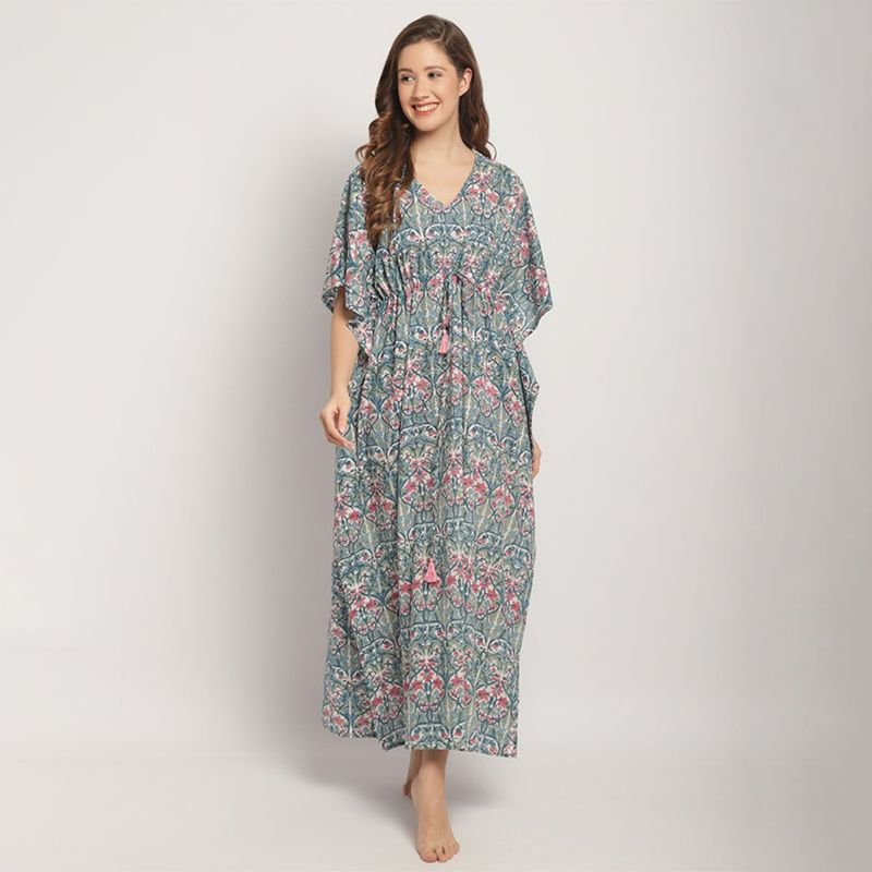 Buy Secret Wish Womens Blue Block Print Kaftan Nightdress Online