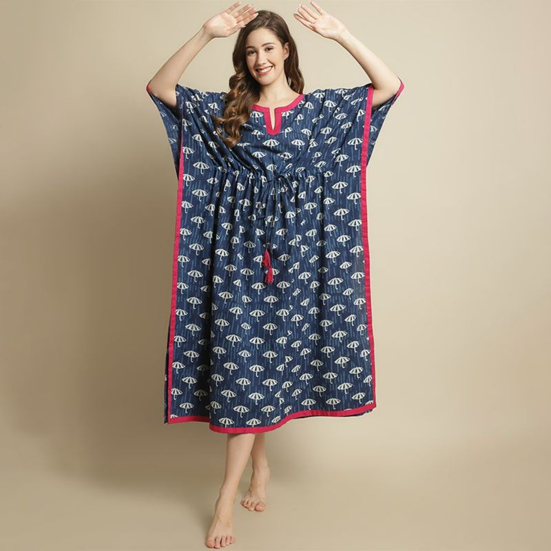 Buy Secret Wish Indigo Dabu Print Kaftan Nighty Online