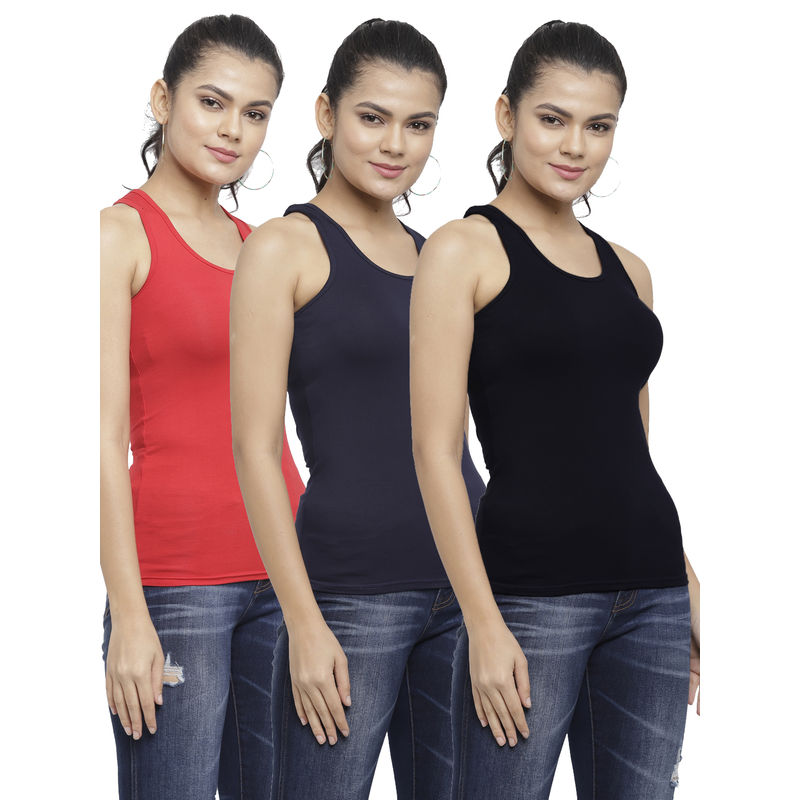 Buy N-Gal Women's Cotton Lycra Solid Racer Back Tank Top Combo of 3 ...