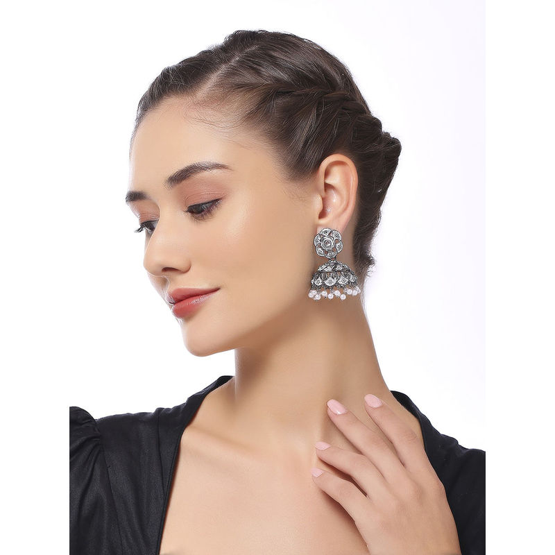 Buy OOMPH Oxidised Silver Large Jhumka Earrings - White Meenakari ...
