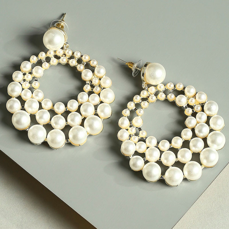 Buy OOMPH White Pearls Large Circular Fashion Drop Earrings Online