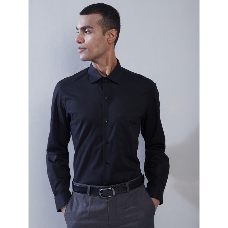 Buy Turtle Men Pure Cotton Slim Fit Self Design Navy Blue Formal Shirt ...